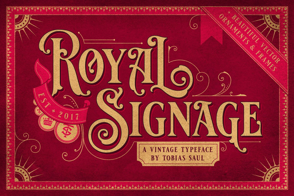 Tobias Saul | ROYAL SIGNAGE + ORNAMENTS (1 font) ~ $24 – PhongChuViet